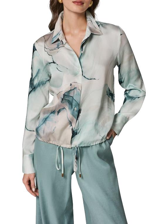 DONNA KARAN NEW YORK Printed Drawstring Hem Button-Up Shirt